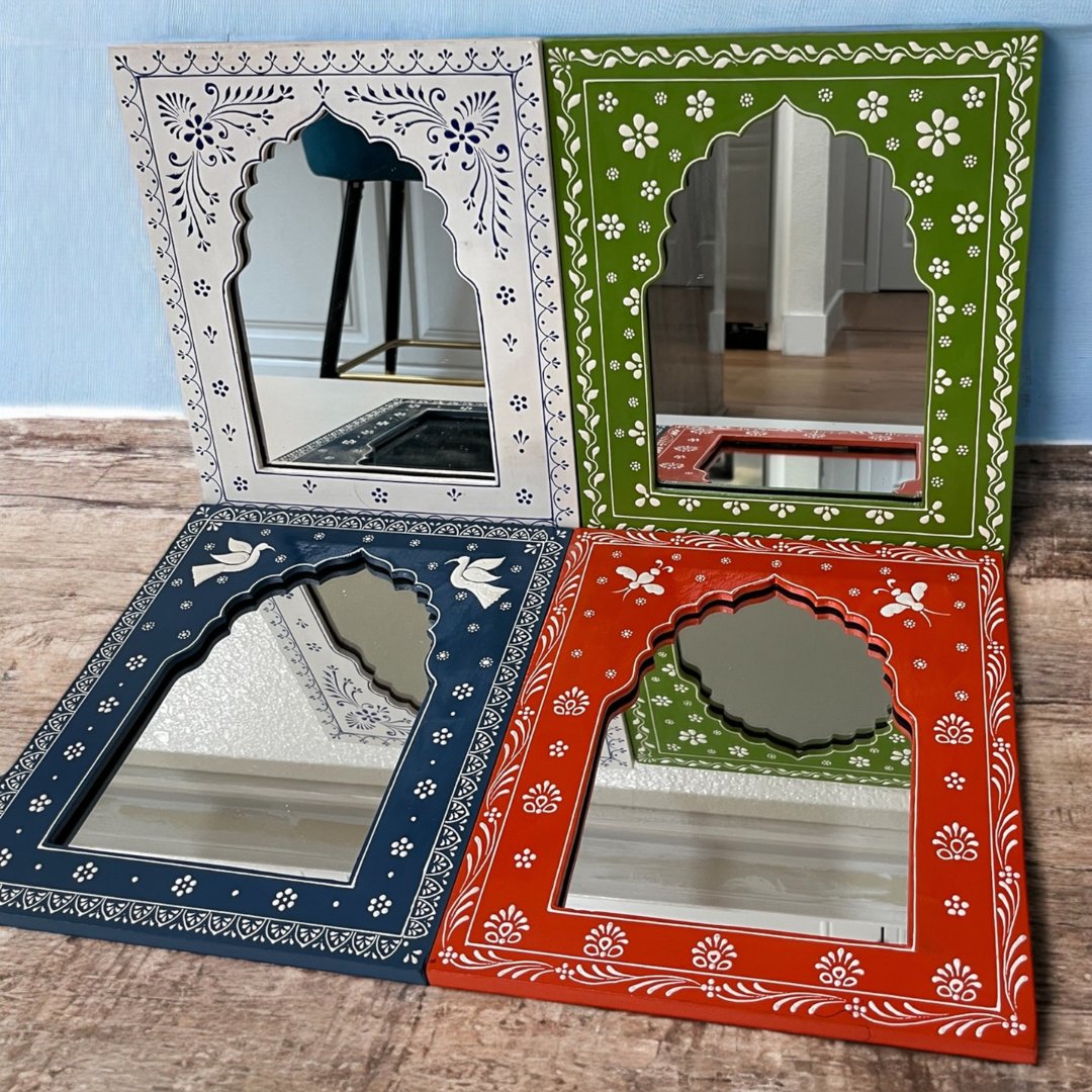 Hand-Painted Jharokha Mirror - 12x10-Inches Rajasthani Frame – Urli Utsav