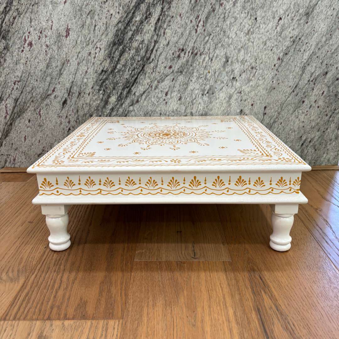 18x18x6.5-Inches Wooden Pooja Chowki/Bajot - White + Gold – Urli Utsav